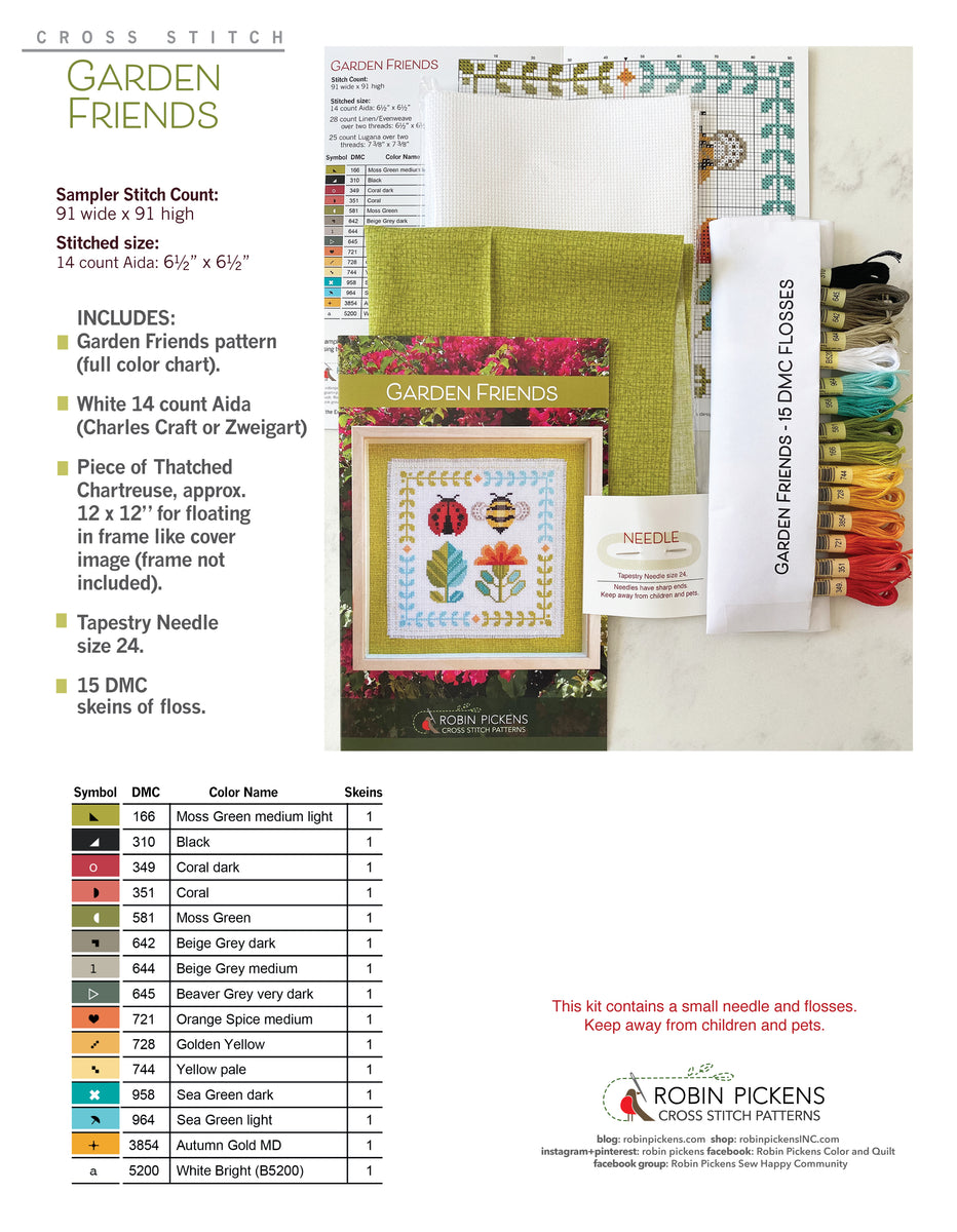 Garden Friends Cross Stitch KIT – Robin Pickens