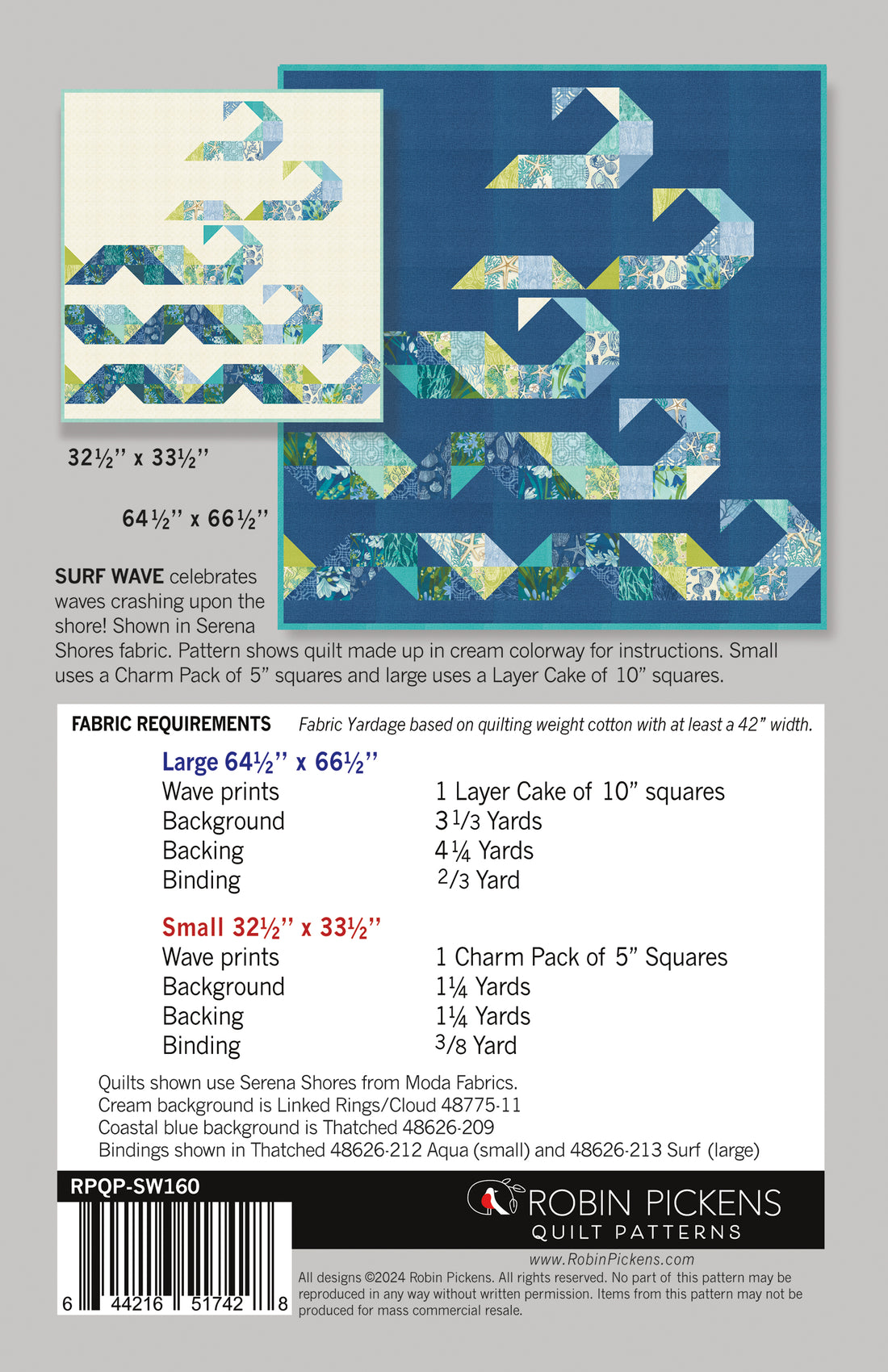 SURF WAVE digital PDF quilt pattern, Large 64 x 66" or Small 32 x 33 ...