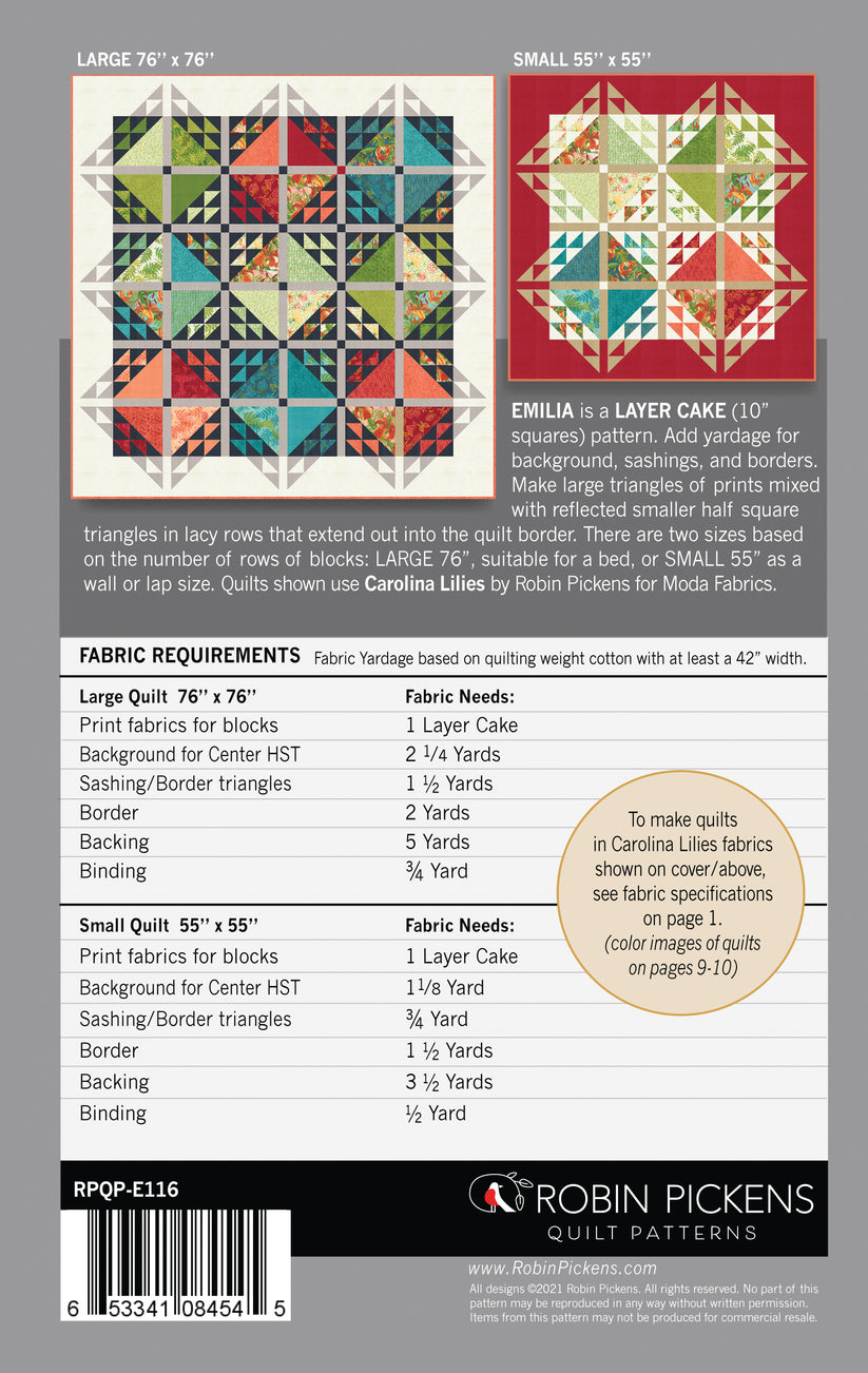 EMILIA Quilt Pattern (printed booklet) by Robin Pickens 76" or 55" squ